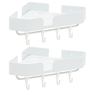Juvale Bathroom Corner Shelves with Hooks, Wall Mounted Shower Caddy Shelf (White, 2 Sets)
