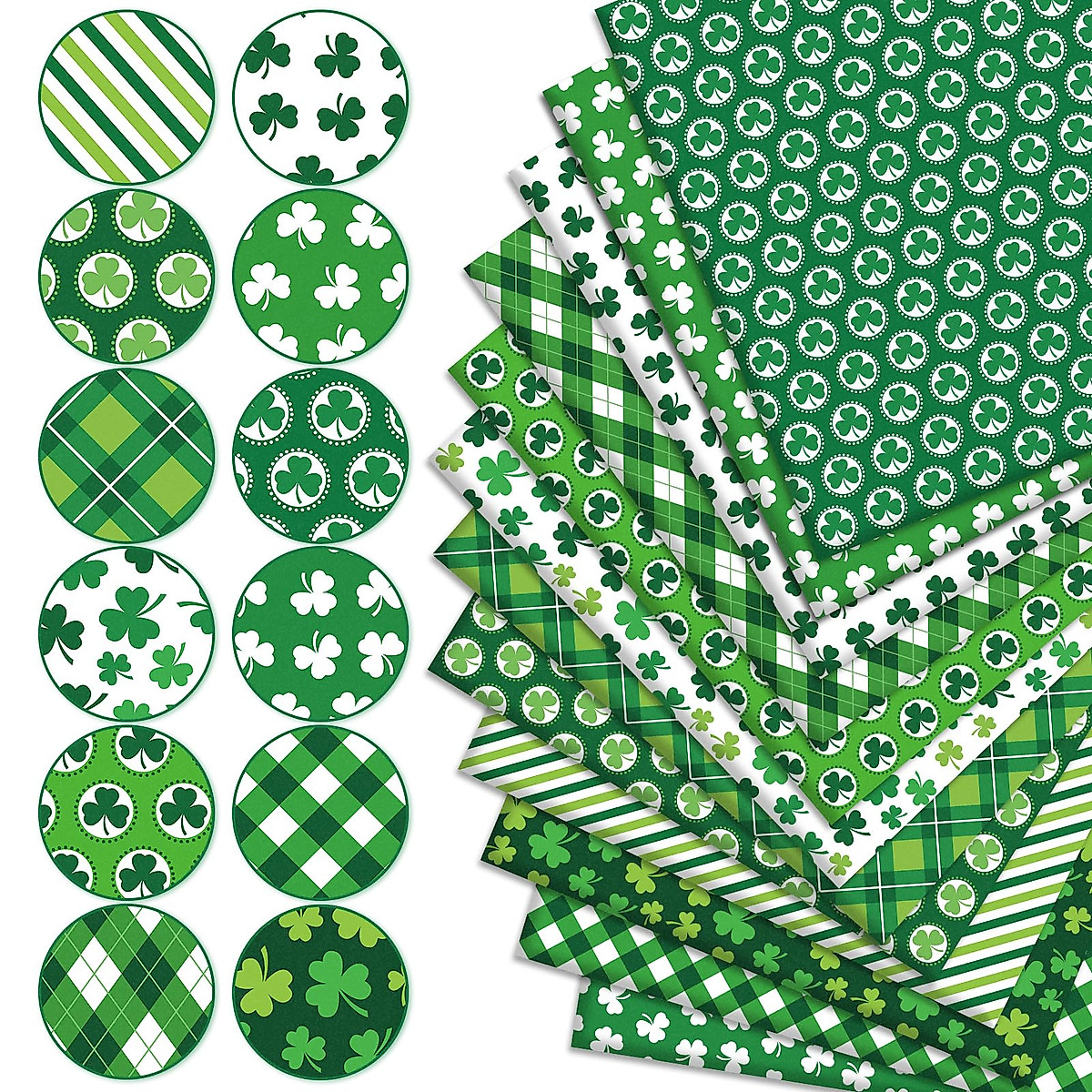Whaline 12Pcs St. Patrick's Day Cotton Fabric Bundles Green Shamrock Plaid Fat Quarters Lucky Clover Quilting Patchwork for Irish Holiday DIY Sewing Craft Decor, 18 x 22 Inch