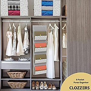 CLOZZERS 8 Pocket Hanging Purse Organizer for Closet, Handbag Storage with Clear Vinyl Pockets. Animal Print Grey