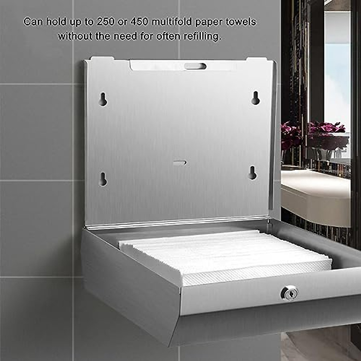 Stainless Steel Paper Towel Dispenser Wall Mount, TOBEFORT Comercial Hand Towel Dispenser with Lock, Trifold/C Fold Paper Towel Holder for Bathroom Kitchen Office, Large Capacity 300 Multi-Fold…