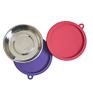 Messy Cats 4pc Set with Two Stainless Saucer Shaped Bowls and Two Silicone Lids, 1.75 Cups Per Bowl, Watermelon and Purple Lids