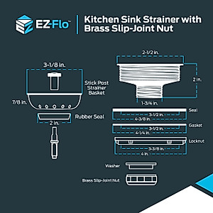 EZ-FLO Kitchen Sink Strainer fits 3-1/2 Inch Opening, Sink Drain Assembly with Brass Slip-Joint Nut and Fixed-Post Basket, Stainless Steel, 30003