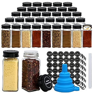 Datttcc 52 Pack Glass Spice Jars,Reusable 4 OZ Seasoning Containers with Sealed Black Aluminum Caps and Pour/Sift Shakers,Clear Spice Jars with Labels and Funnel for Cabinet, Drawer,Kitchen Pantry