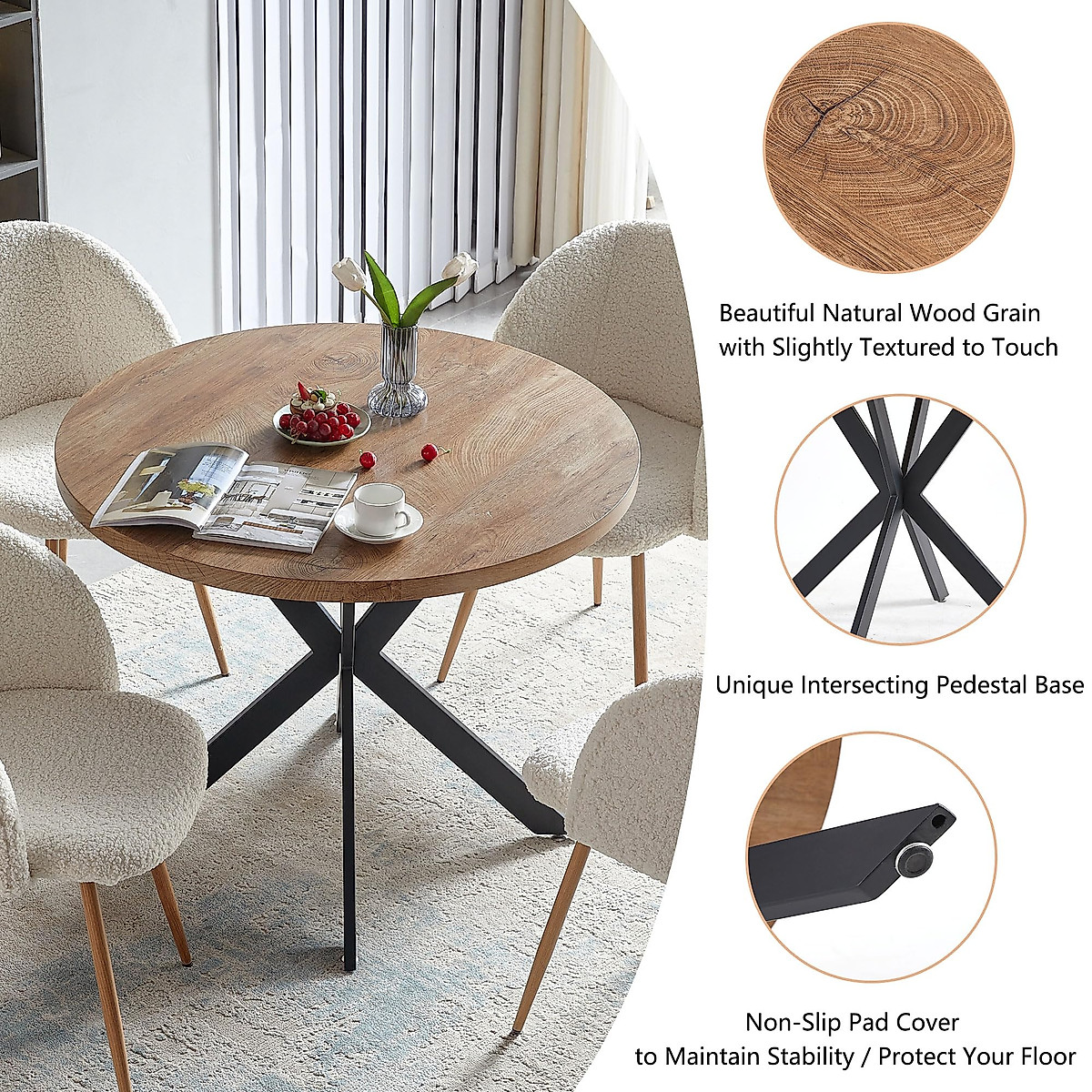 Homedot 5 Pieces Dining Table Set for 4, Home Kitchen Round Dining Table with Thick Tabletop and 4 Upholstered Arm Chairs, Faux Wood Round Table with Comfy Accent Chair for Living Room,Restaurant