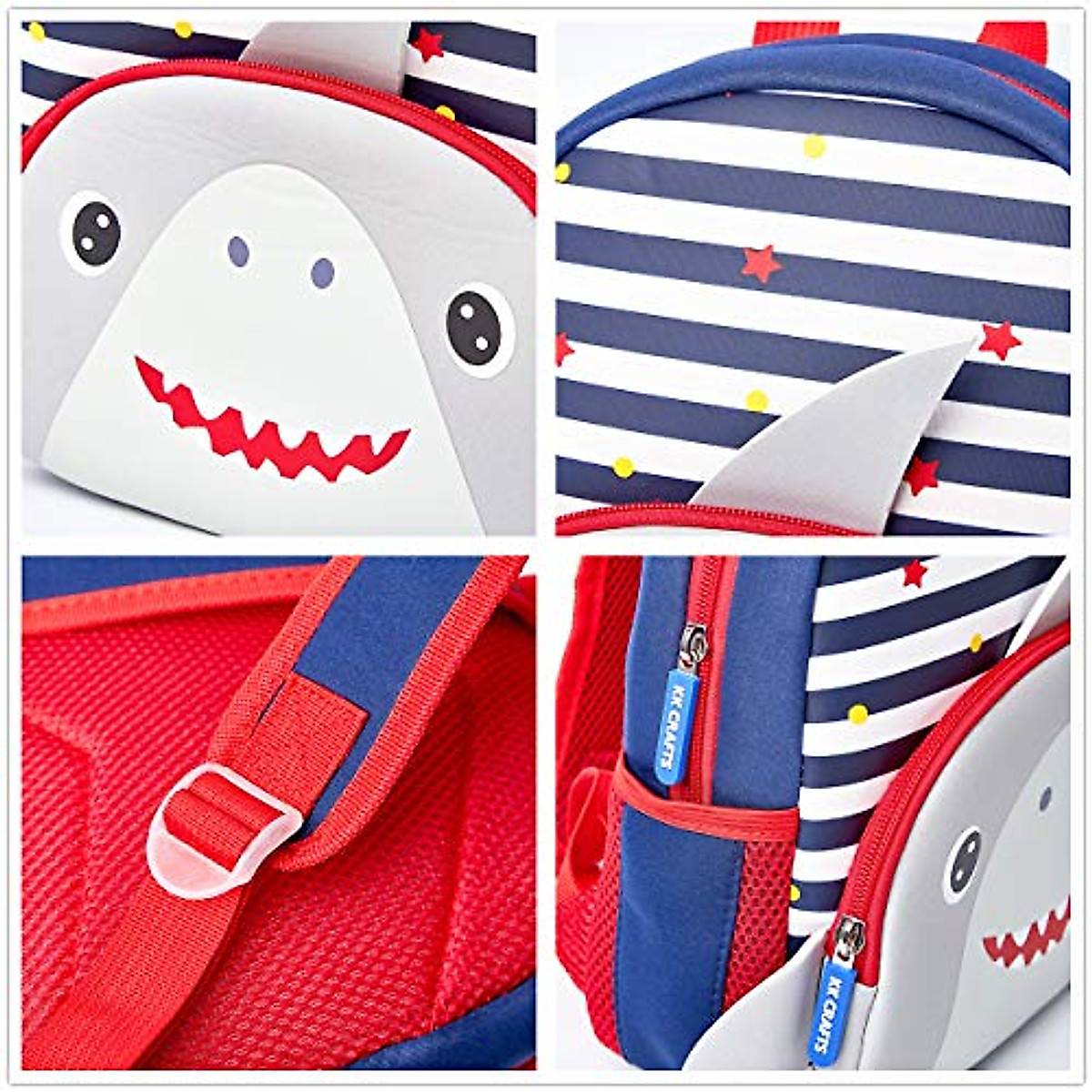 KK CRAFTS Toddler Backpack, Waterproof Preschool Backpack, 3D Cute Cartoon Neoprene Animal Schoolbag for Kids, Lunch Box Carry Bag for Boys Girls,Grey Shark