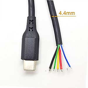 ELNONE USB C Pigtail Cable, Type-C 4ft 1.2meter 5A 20AWG 6 core Power Data Pigtail Cable, CC1 CC2 Cord DIY Black for Laptop Charging