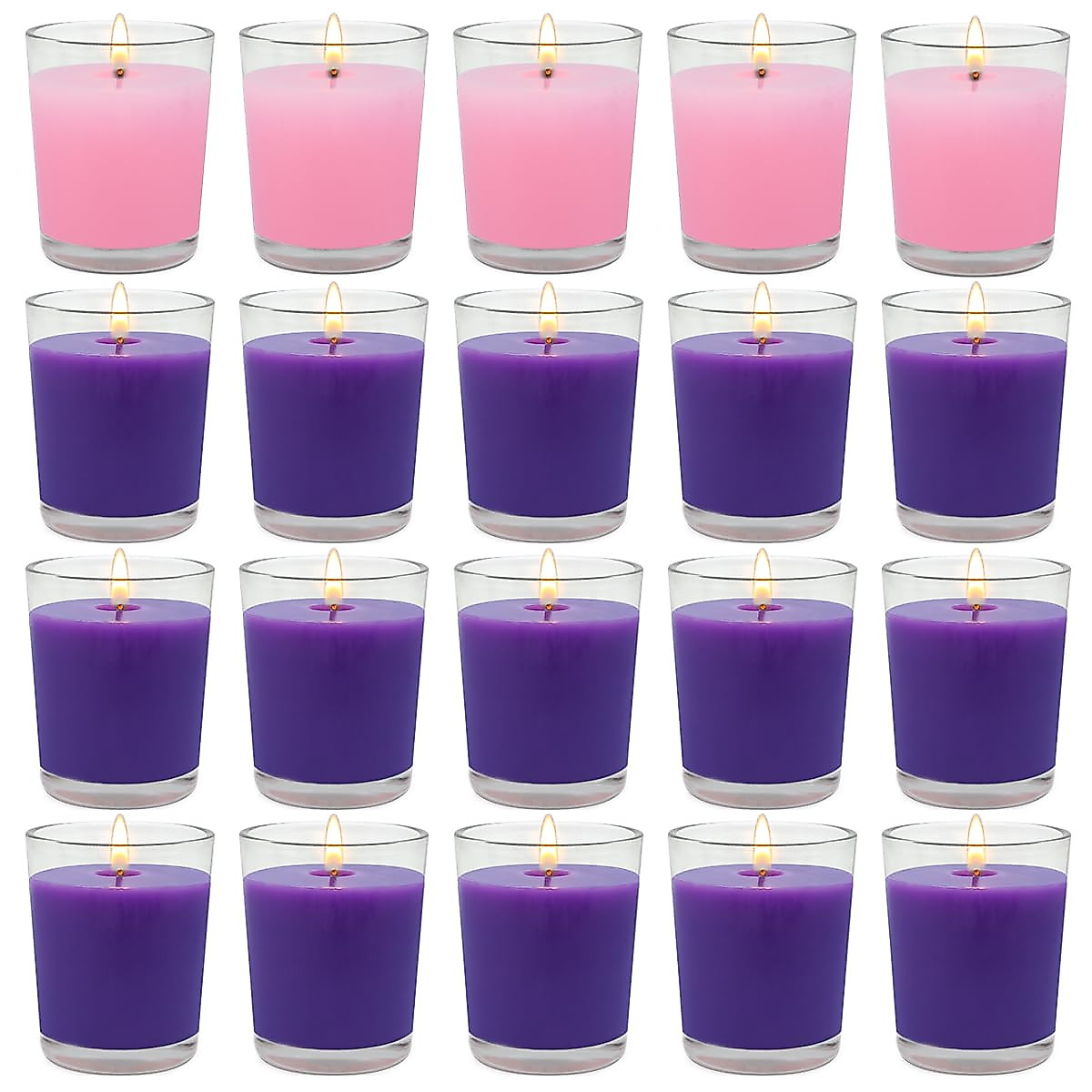 20 Packs Advent Candles with Clear Glass Holder, 15 Purple and 5 Pink Votive Candles, Unscented Seasonal Celebration Candles for Christmas Table Decoration