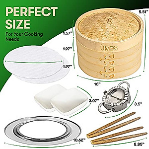 ÜM Homes 10 Inch Bamboo Steamer Basket, 2 Tier Basket Cooking Dumplings, Vegetable, Steamer Dim Sum, 2 Pairs of Chopsticks, 2 Sauce Trays, 2 Reusable Silicone Liners, 1 Steaming Ring, 1 Dumpling Maker