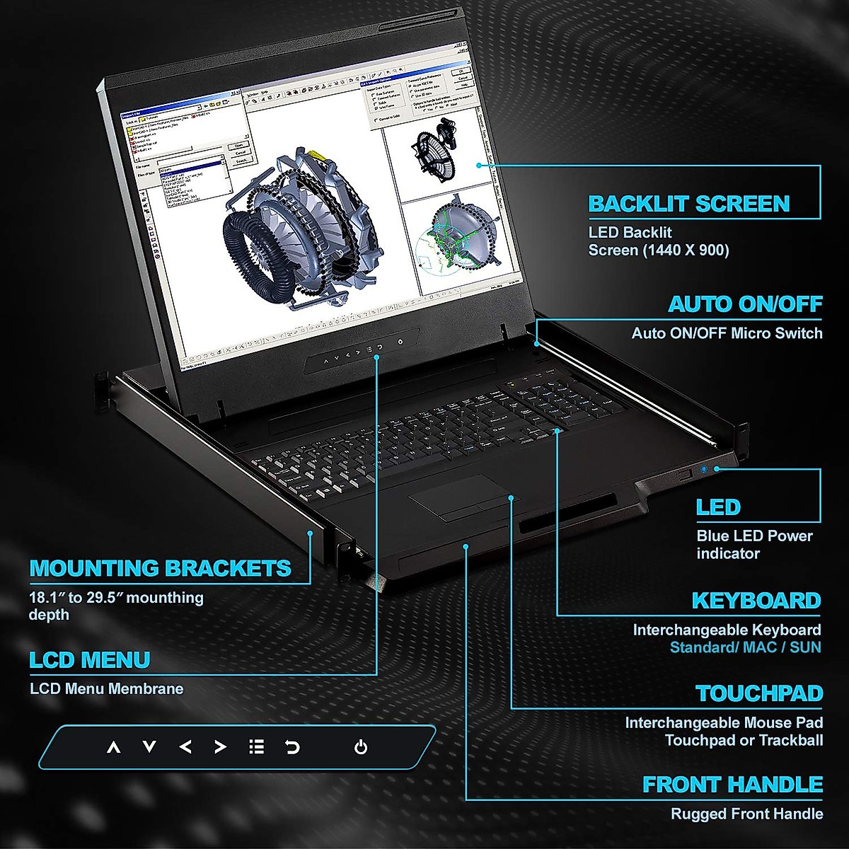 Crystal Image Technologies - Rackmount Console - 1U 19" Rackmount Monitor, 1440 X 900 Resolution, VGA + HDMI Input (Part#RM-111-19WH) includes 3 Year Warranty