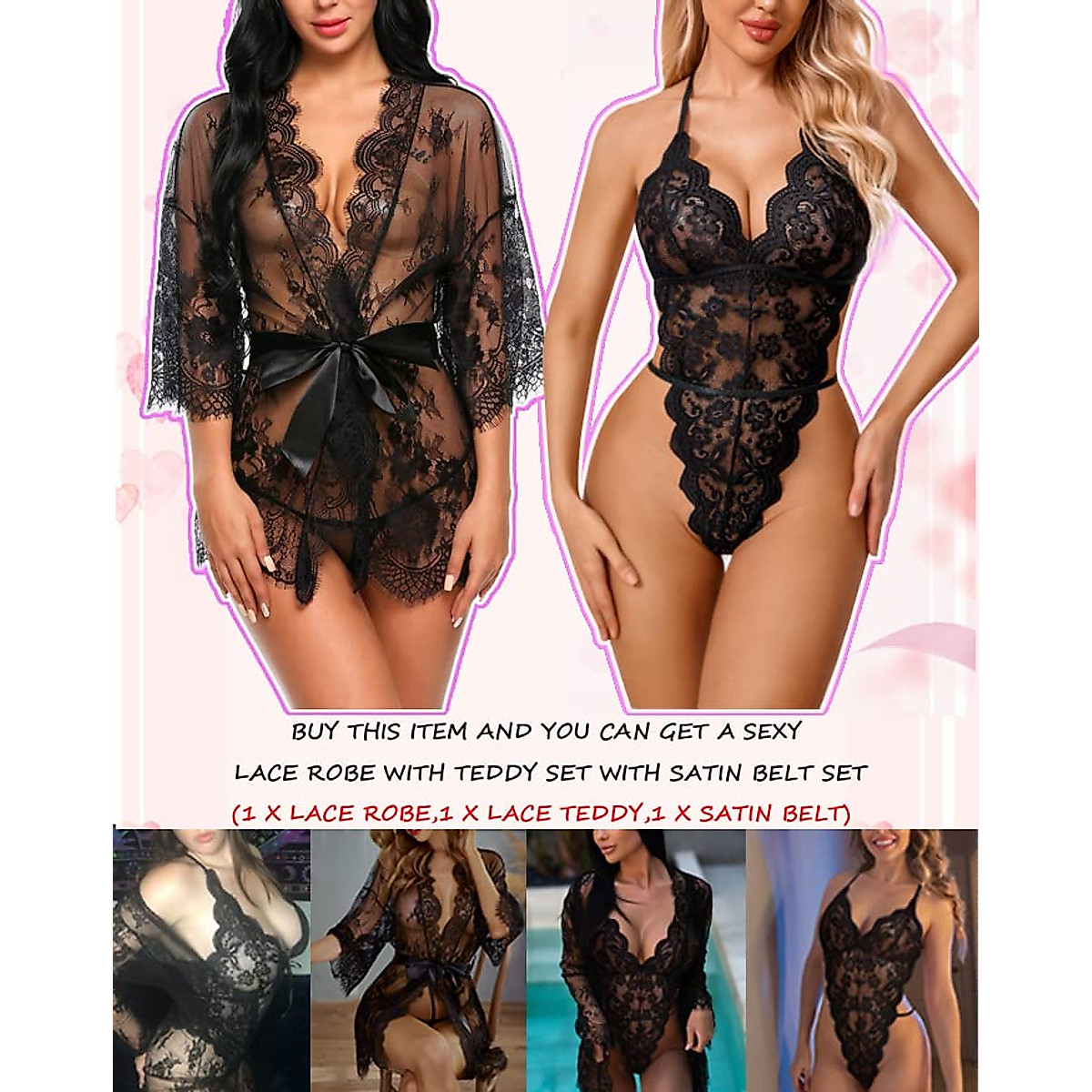 Avidlove lingerie robe Women's Lace Kimono Robe Set Babydoll Teddy Deep V Lace Bodysuit