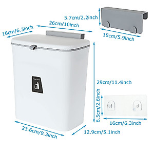PETTYOLL Hanging Small Trash Can with Lid, 2.4 Gallon Wall Mounted Counter Waste Compost Bin, Hanging Trash Can for Kitchen Cabinet Door or Under Sink, ( Plastic, White)