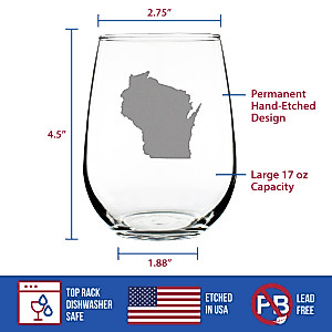 Wisconsin State Outline Stemless Wine Glass - State Themed Drinking Decor and Gifts for Wisconsinite Women & Men - Large 17 Oz Glasses