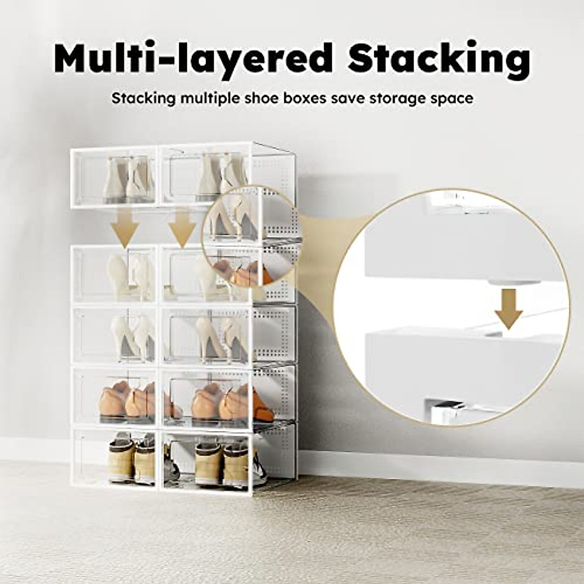 ENSNG Large 12 Pack Shoe Storage Organizer for Closet, Clear Plastic Stackable, Shoe Sneaker Containers