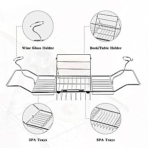 BDL Stainless Steel Bathtub Caddy Tray, Expandable Bath tub Table Shelf Bath Organizer with Reading Pad Rack or Tablet Holder, Candle Holder and Including Two Wine Glass Holders (Silver)