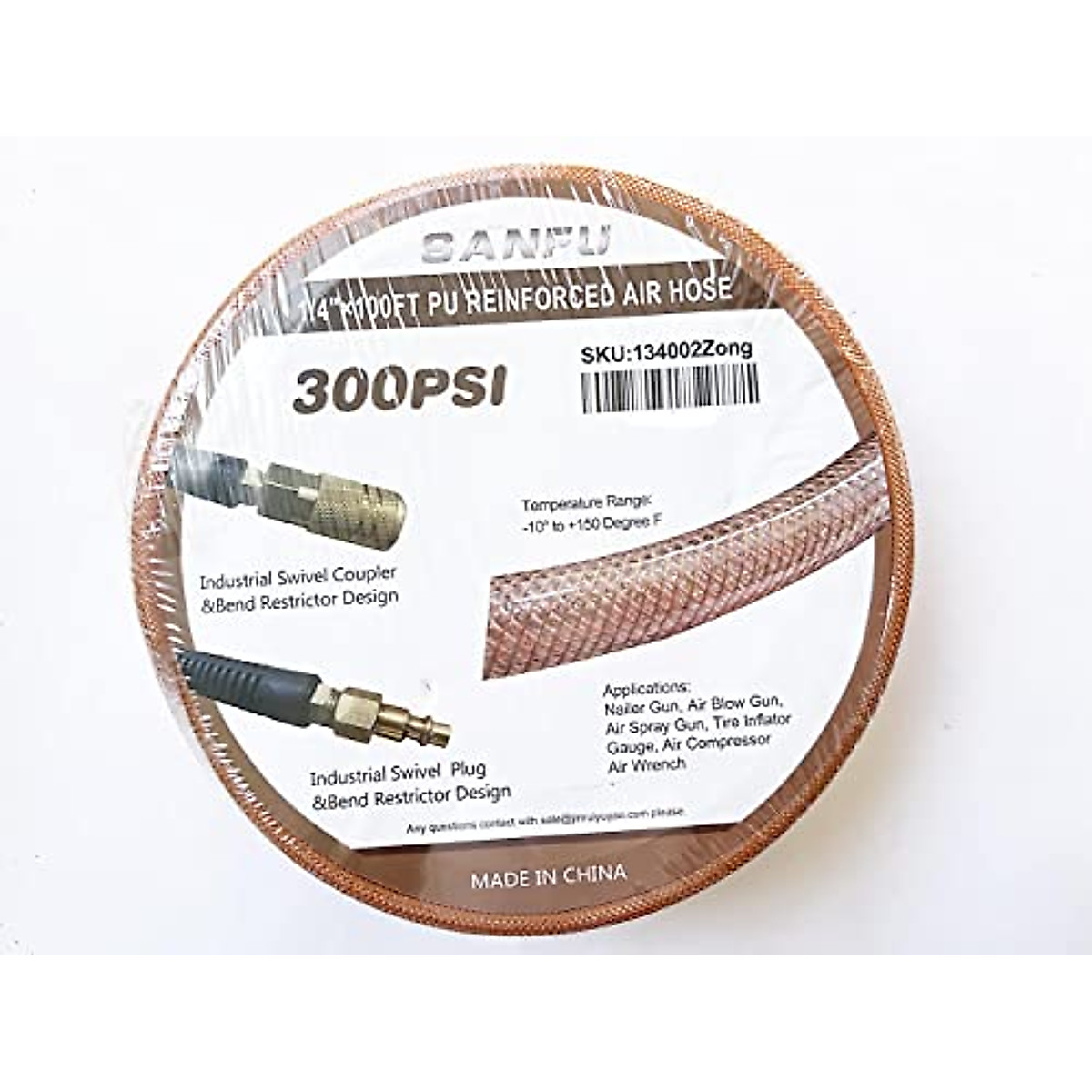 SANFU Polyurethane(PU) 1/4-Inch x 100ft Reinforced, Air Hose with 1/4” Swivel Solid Brass Quick Coupler and Plug, Brown(100’)