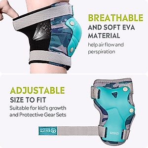 OutdoorMaster Kids/Youth Protective Gear - Knee Pads Elbow Pads Wrist Guard 6-in-1 Set for Bike, Roller Skating, Skateboard, Inline Skating, Hover Board,Penny Board - Aqua Squad - S