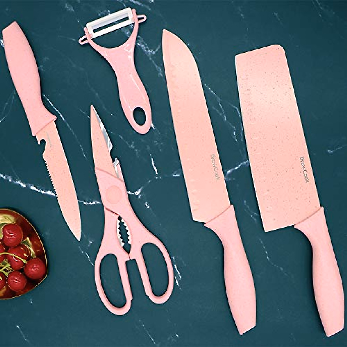 Kitchen Knife Set Pink - 5 Piece Cooking Knives, Non-Stick and Sharp Chef Knife Sets for Kitchen Cutting Meat, Scissors and Ceramic Peeler for Slicing, Paring Fruits and Vegetables