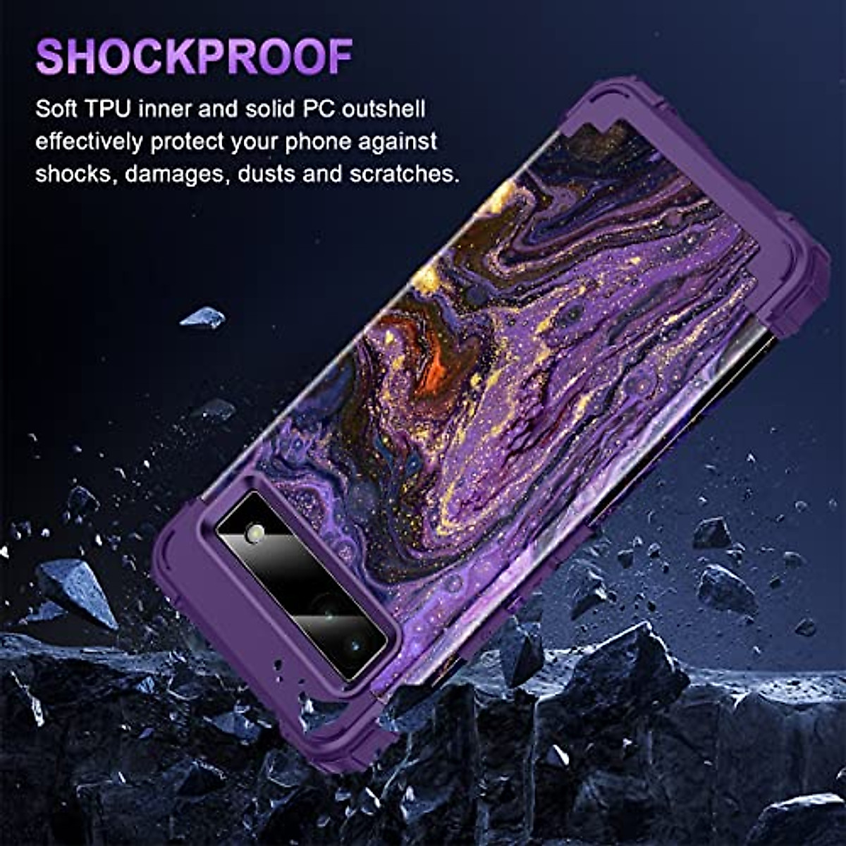 Miqala Google Pixel 6A Heavy Duty Case: Shockproof, Anti-Scratch, with 2 Tempered Glass & Camera Lens Protectors - Purple