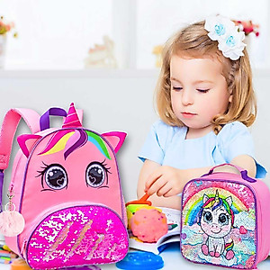 KLFVB 3PCS Toddler Backpack for Girls, 12” Cute Unicorn Preschool Bookbag and Lunch Box, Cute Kids Little Sequin Schoolbag