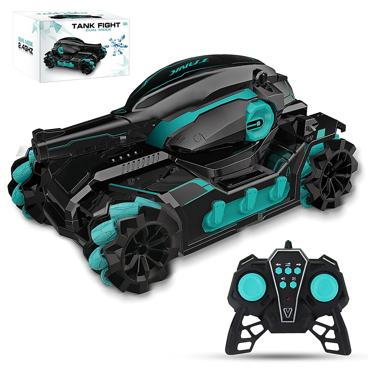 RC Tank Car, Koeni Remote Control 12Kmh for All Terrains Can Launch Water Bomb, 2.4 Ghz Car with 180 degree Rotating Shooting & 360° Rotating, High Speed Off-Road 4WD, Boys Toys Age 6-8, Black-green