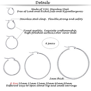 Yanxyad 6 Pairs Stainless Surgical Steel Hoop Earrings Set 316L Small Big Rounded Clasp Hoop Earrings Hypoallergenic Cartilage Tiny Click-Top Lightweight Cute Jewelry for Women Men（10 12 15 20 40 60mm）