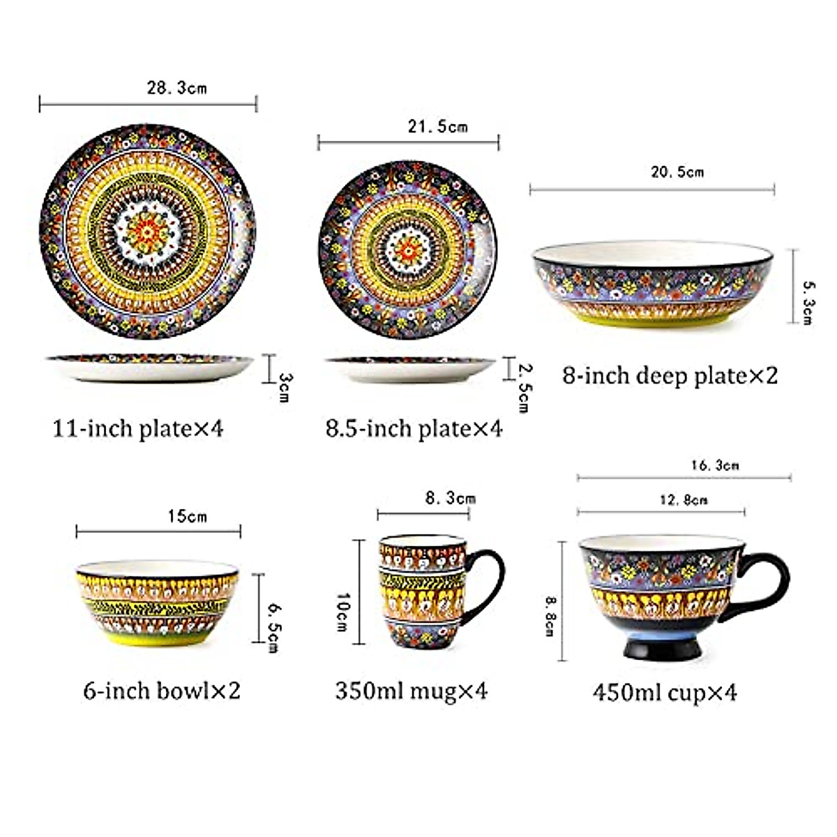 Porcelain Dinnerware Sets, Bohemia Tableware Combination Set | 10 Plates / 2 Bowls / 4 Cups / 4 Mugs - Exotic Ceramics Dinner Sets, Service for 4 Person, Gift for Wedding Housewarming Christmas,8 inc
