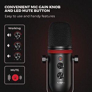 AUDIOPRO USB Microphone, Cardioid Condenser Gaming Mic for PC/Laptop/Phone/PS4/5, Headphone Output, Volume Control, USB Type-C Plug and Play, LED Mute Button, for Streaming, Podcast, Studio