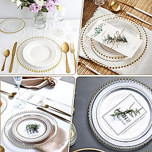 mwellewm Charger Plates Set of 12 and 24 Pack Napkin Rings, Acrylic Gold Beaded Clear 13 Inch Chargers for Dinner Serving Plates Decor Wedding, Party, Decoration