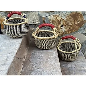 The African Home Goods Market Basket, Handmade in Ghana by Women Artisans, Natural + Navy Color: Midnight + Natural 1 EA (SMALL: 9Inch-11Inch), Mid night & Natural