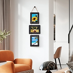 ABSWHLM 5x7 Picture Frames Rustic Wood Hanging Picture Frames 3 Opening Photo Frame Display 4"x6" Pictures with Mat or 5"x7" Without Mat, Weathered Black