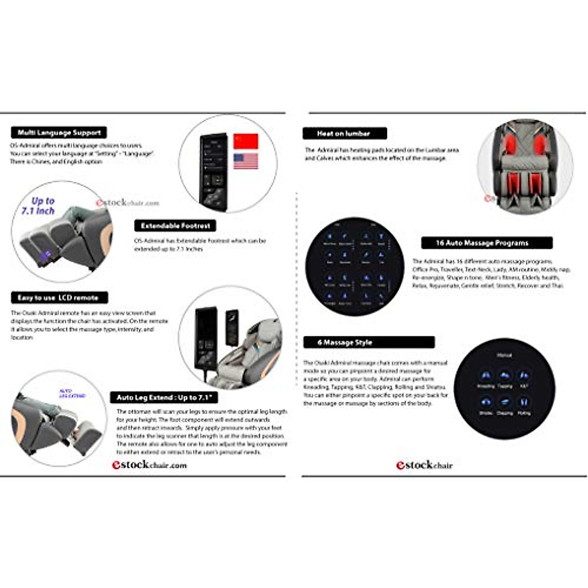 Osaki Os-Pro Admiral G Massage Chair With LED Light Control In Grey, Advanced 3D Technology, Auto Body Scan, L-Track Massage, Space Saving Technology, Zero Gravity Mode, 6 Massage Styles