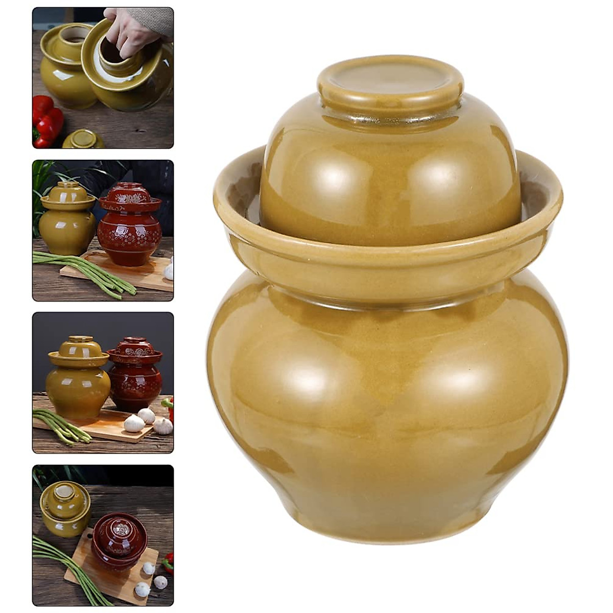 DEPILA 1kg Terracotta Traditional Chinese Fermenting Jar Stoneware Pickles Jar with Water Sealed Airlock Lid Ceramic Food Canister Bottle for Pickling Kimchi Sauerkraut jars