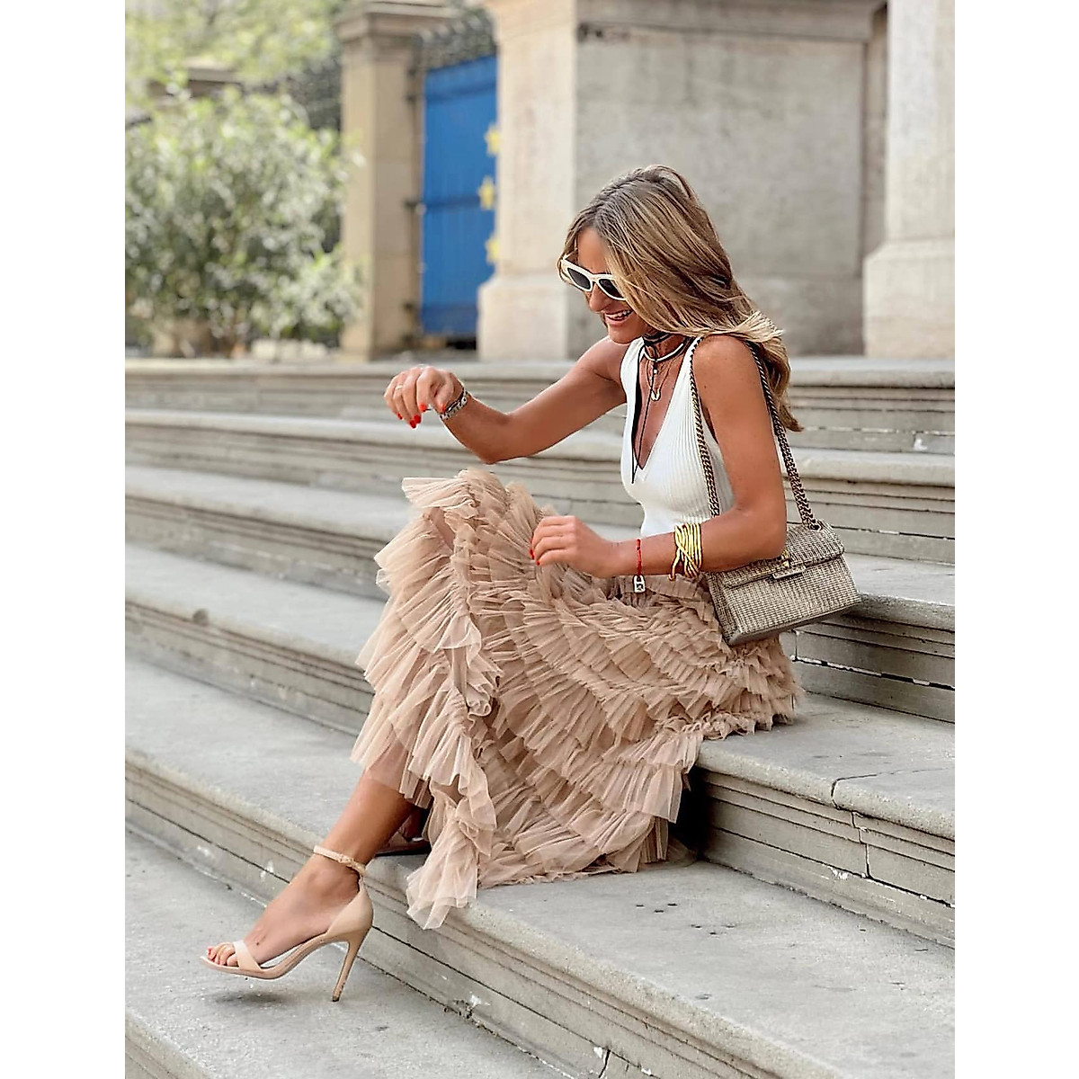 Perbai Womens Long Maxi Tiered Tulle Skirt High Waisted A Line Layered Mesh Tutu Skirts Petticoat(Champagne-M)