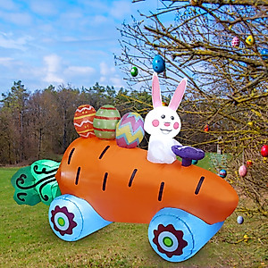 Sancodee 6 FT Long Easter Inflatable Bunny on Carrot Cart with Easter Eggs, Easter Blow up Yard Decorations for Indoor Outdoor Garden Lawn Holiday Party Decor