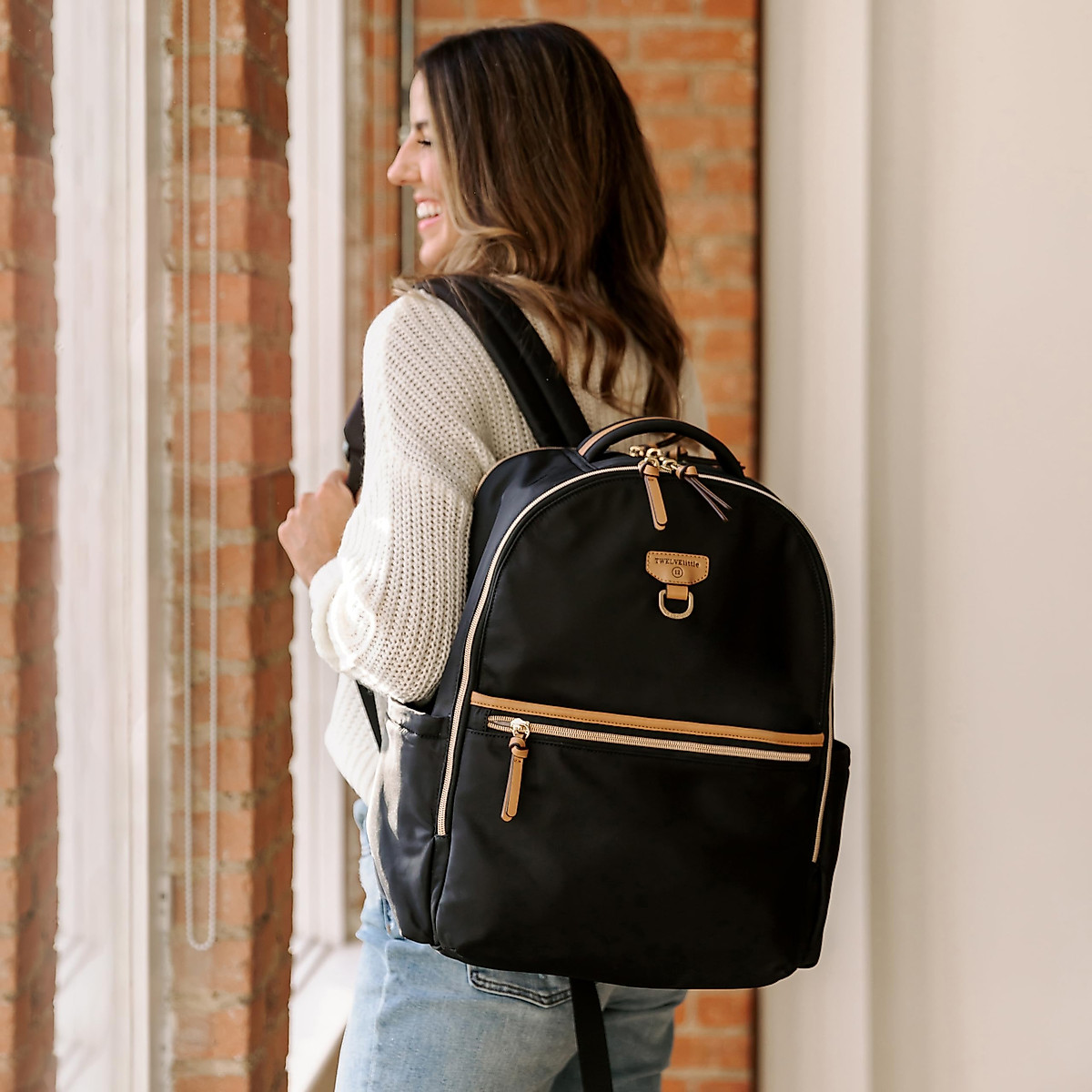 TWELVElittle On The Go Diaperbag Backpack in Black Tan - Includes Changing Pad and Stroller Clips. Diaper Bag Backpack for Moms or Dads