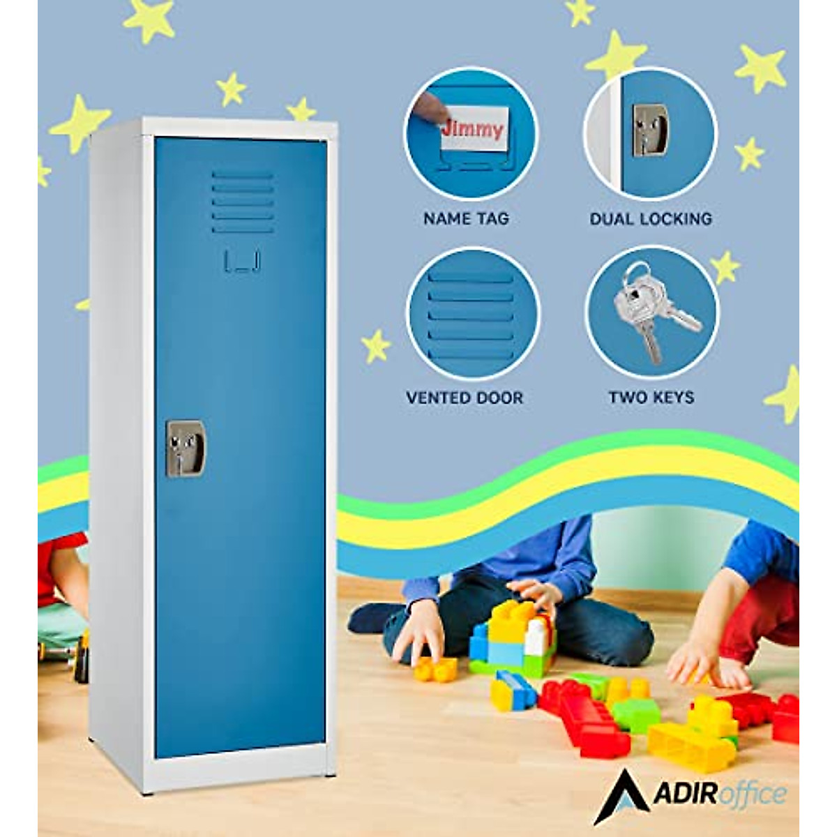 AdirOffice Kids Steel Metal Storage Locker - for Home & School - with Key & Hanging Rods (48 in 1 Door, Blue)