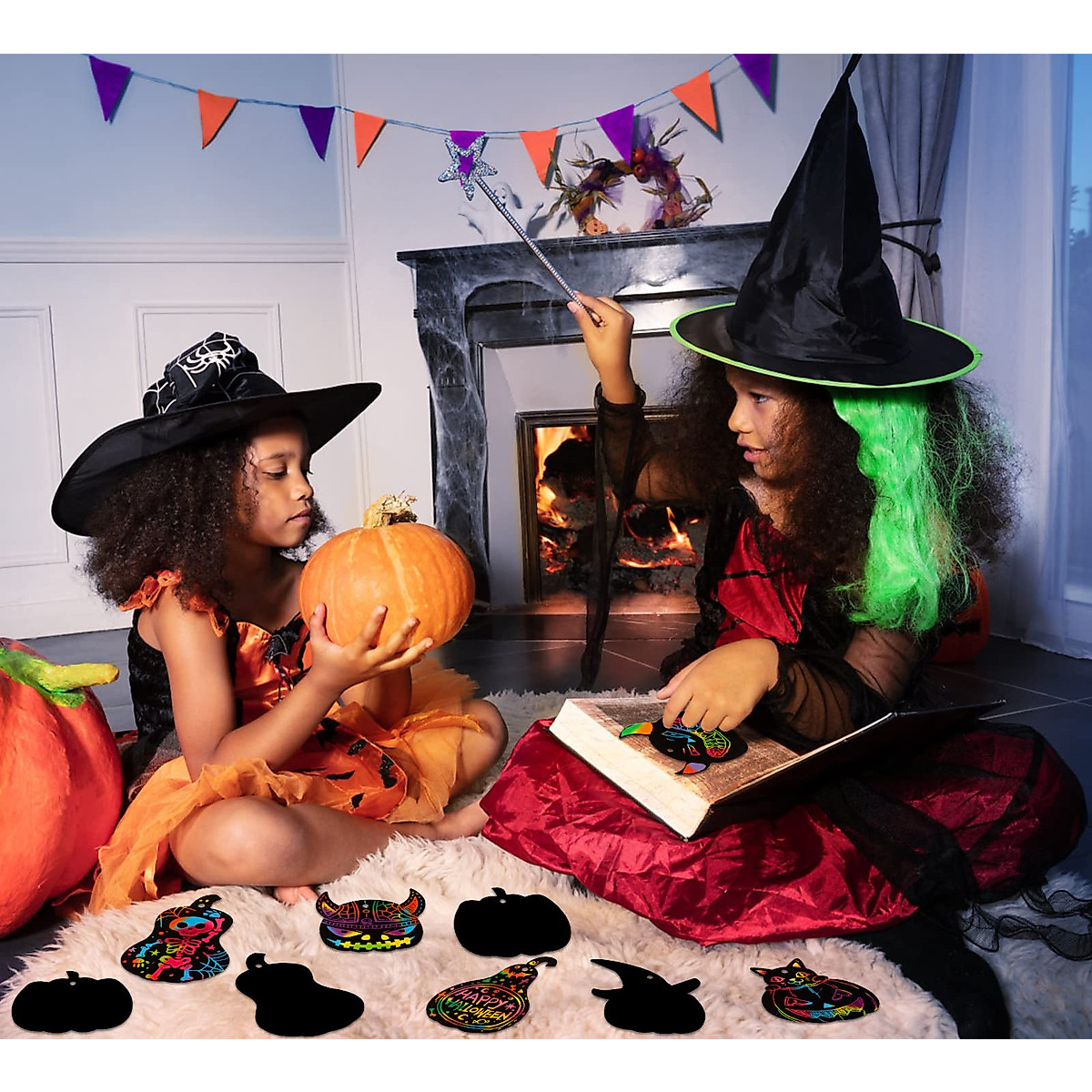 FaCraft Halloween Scratch Art for Kids 24pcs Pumpkins Cat Witch Ghost Rainbow Scratch Art Paper DIY Scratch Art Crafts for Classroom Family Halloween Thanksgiving Fall Party Games Favors