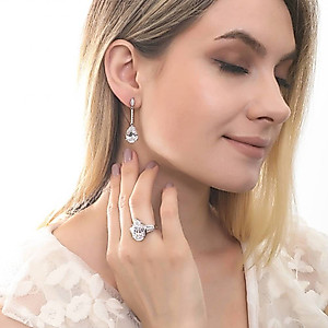 BERRICLE Sterling Silver 3-Stone Wedding Engagement Rings Pear Cut Cubic Zirconia CZ Statement Cocktail Anniversary Ring for Women, Rhodium Plated Size 6