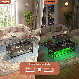 Besiost Coffee Table, Lift Top Coffee Table with Storage, LED Light & Power Outlet and Hidden Compartment, Retro Center Table for Living Room, X Support Wood Tabletop, Metal Frame, Black Oak