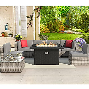 Aoxun 8PCS Patio Furniture Set with 44" Black Fire Pit Table Outdoor Sectional Sofa Set Wicker Furniture Set with Coffee Table (Grey Wicker)