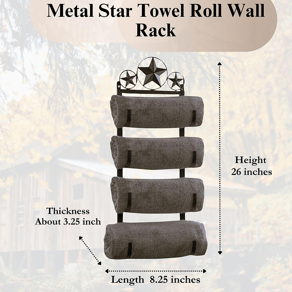 BestGiftEver Rustic Metal Star Towel Roll Wall Rack - Farmhouse Style Towel Rack for Western Bathroom Decor, Lodge and Cabin Decor, Decorative Wall Rack for Towels, Ideal for Country Home Owners