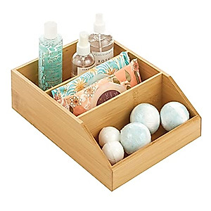 mDesign Bamboo Wood 3 Tier Counter Organizer Bin, Multi-Compartment Storage Box for Bathroom, Cabinets, Shelves, Countertops; Holds Vitamins, Bath Bombs, Cosmetics, Echo Collection - Natural
