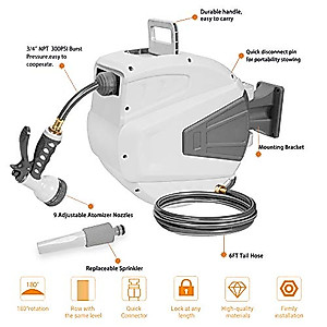 ORCISH Hose Reel,3/8 66 FT Wall Mounted Retractable Garden Hose-Reel with 9 Adjustable Sprayer Nozzle Any Length Lock/Automatic Rewind/Slow Return System/Wall Mounted/180°Swivel Bracket(GREY)