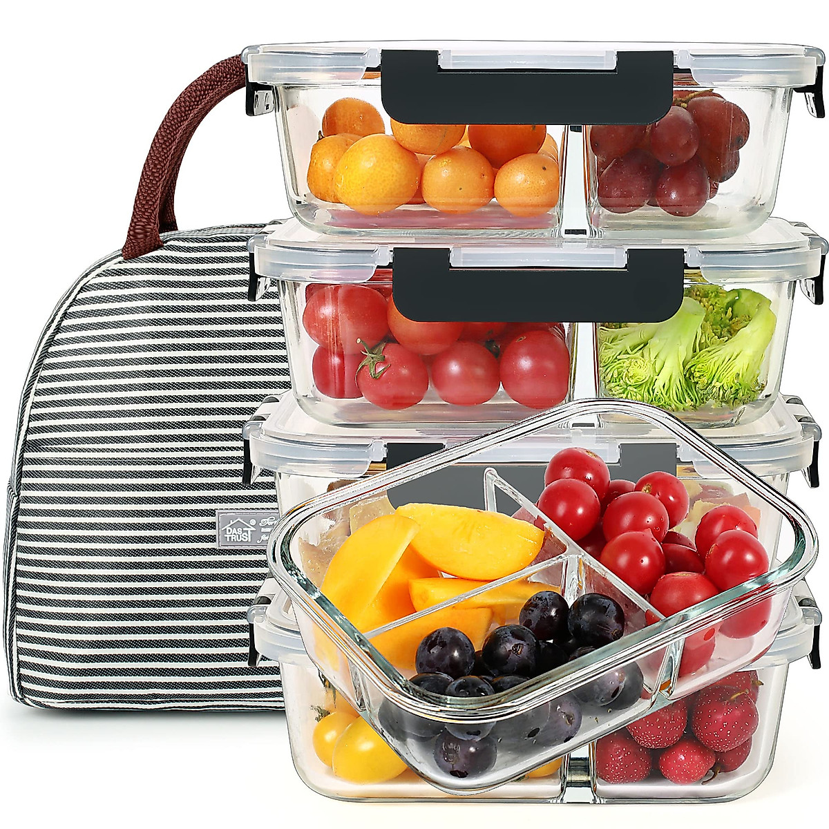 DAS TRUST 5 Pack 36oz Bento Box Glass Meal Prep Containers 3 Compartment Glass Food Storage Containers with Lids Meal Prep Bowls Lunch Box Glass Food Prep Containers Lunch Container Oven Safe