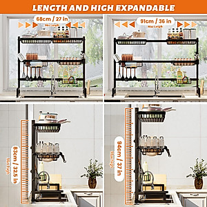 ilvvan Over The Sink Dish Drying Rack 27-36L x 12W x 32.5-37H (inches) (Expandable Height and Length) Snap-On Design 2 Tier Large Dish Rack