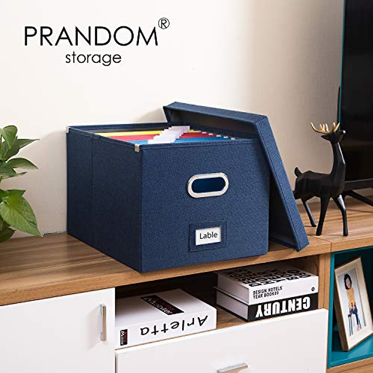 PRANDOM File Organizer Box - Set of 2 Collapsible Decorative Linen Filing Storage Hanging File Folders with Lids Office Cabinet Letter/Legal Size Navy Blue (17x14x11.2 inch)