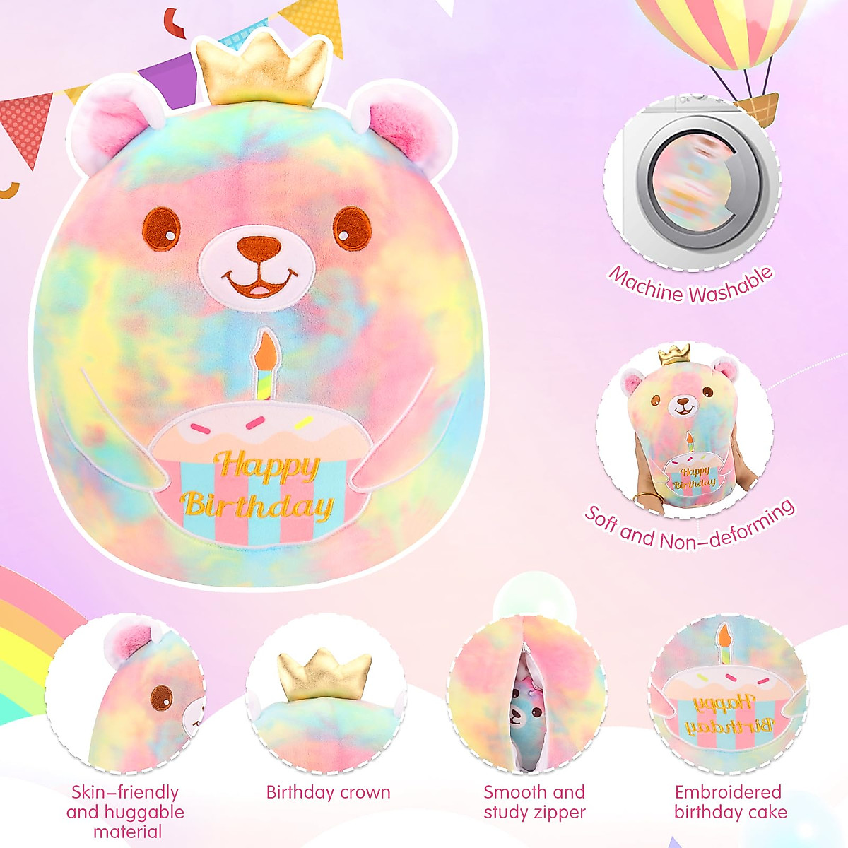 safolosha Birthday Bear Plush Pillow 12" Soft Bear Plush Toy Cute Bear Stuffed Animal with 3 Babies Bear Plushie Home Room Party Decoration Birthday Festival Prezzie for Kids Toddlers