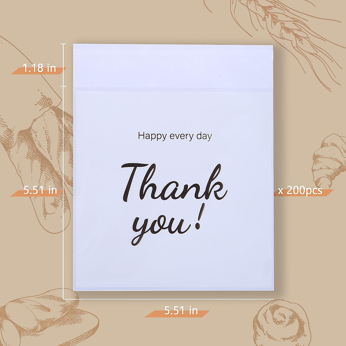 Wocuz Cookie Candy Bags Thank You Printed Cellophane Bags Biscuit Roasting Treat Present DIY Plastic Individual Wrappers Self Adhesive OPP Cookie Bakery Decorating Favor Bags (5.5x5.5 Inch, 200Pcs)