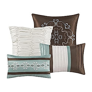 Madison Park Essentials Jelena Room in A Bag Faux Silk Comforter Classic Luxe All Season Down Alternative Bedding, Matching Bedskirt, Curtains, Decorative Pillows, Queen(90"x90"), Seafoam 24 Piece