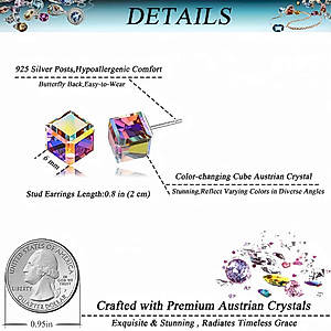 Cube Austrian Crystal Drop Stud Earrings for Women Fashion S925 Sterling Silver Hypoallergenic Jewelry (Rainbow)